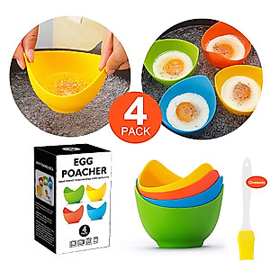 Guppy Egg Poacher Food Grade Nonstick Silicone Cups Egg Poaching Poached Egg Cooker with Ring Standers for Microwave or Stovetop Eggs Boiler Molds Poachers, BPA Free, Extra Silicone Oil Brush, 4 Pack