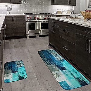 MAYHMYO Teal Mat Turquoise and Grey Rugs Non Skid Washable 17"X48"+17"X24" Set of 2 Abstract Art Kitchen Floor Mats for Dining Floor Home Office Sink Laundry