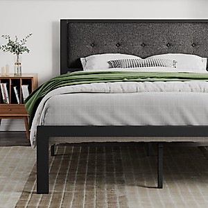 SHA CERLIN Full Size Metal Platform Bed Frame with Upholstered Button Tufted Headboard, Easy Assembly, Dark Grey