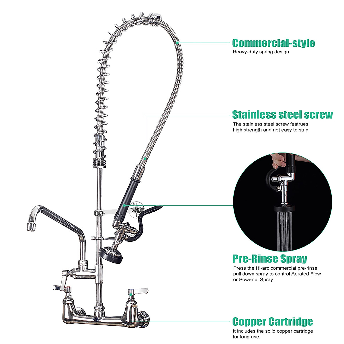 CWM Commercial Sink Faucet with Sprayer 36 inch Commercial Faucet Pre Rinse Sprayer 8 inch Wall Mount Center with 12 inch Add on Spout