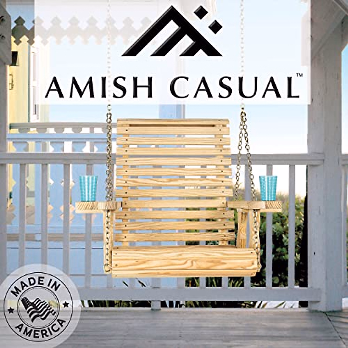 Amish Casual Heavy Duty Roll Back Pressure Treated Swing Chair with Cupholders (Unfinished)