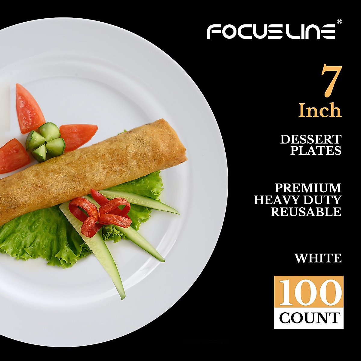 FOCUSLINE 100 Count White Plastic Plates 7 Inch, Disposable Heavy Duty Plastic Dessert Plates- Premium Hard Plastic Plates Fancy Disposable White Plates for Weddings, Parties and Events