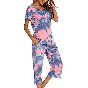ENJOYNIGHT Women's Tie Dye Printed Pajama Sets Sleepwear Top with Capri Pants Lounge Sets with Pocket(X-Large, Blue Pink)