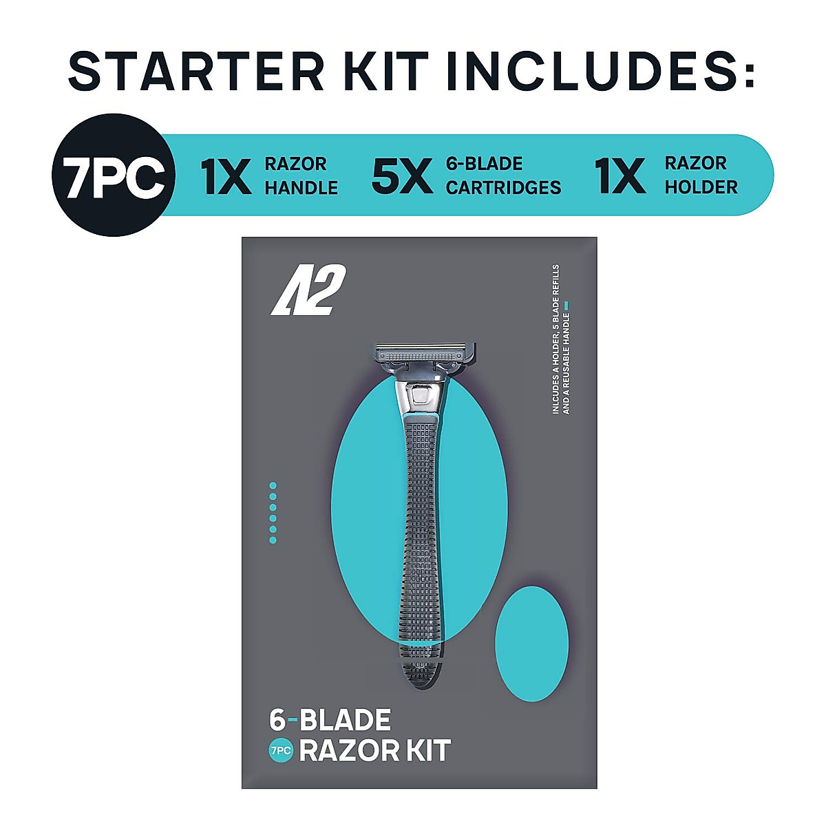 AOA Men's 6 Blade Razor Kit 7pcs in Kit Including 1pc Handle 5pcs Swedish Six-Blade Heads 1pc Stainless Steel Shower Hook Lubricating Aloe Vitamin E Strip for Comfortable Close Shave