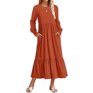 ZESICA Women's 2024 Fall Long Sleeve Dress Crewneck Casual Loose Pleated Tiered Swing Midi Dresses with Pockets,Rust,Medium