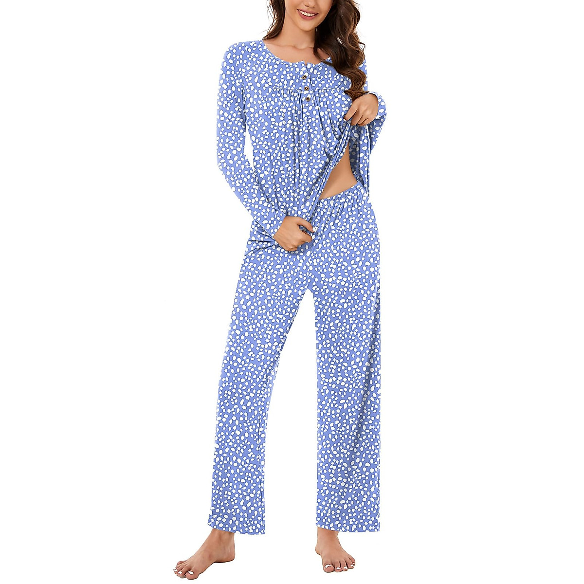 Bestbee Womens Pajama Set Plus Size, 2 Piece Lounge Outfits Pleated Sleepwear Sets Long Sleeve With Pockets Ladies Pjs, 3XL, Spotted Blue