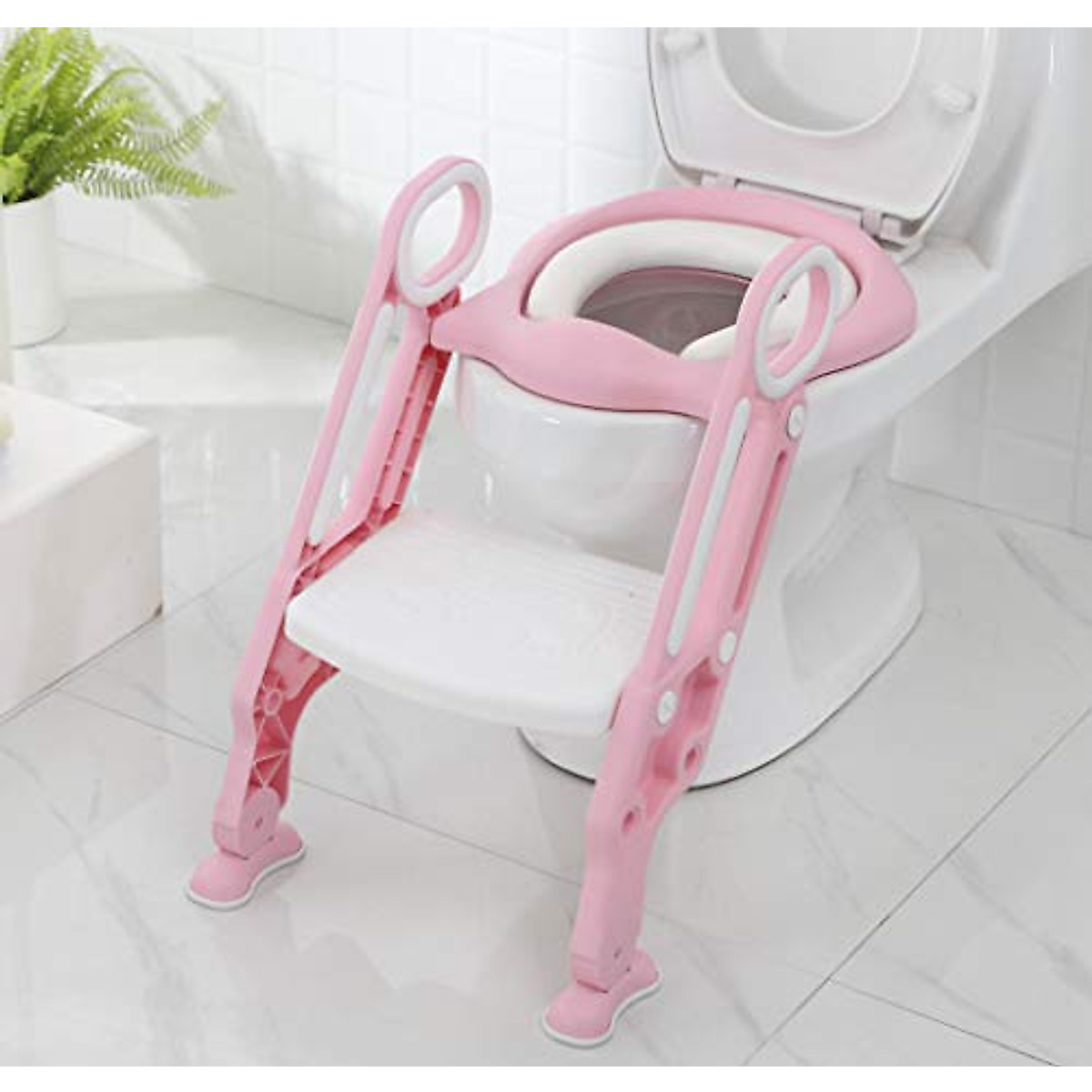 Potty Training Seat with Step Stool Ladder and Handles for Baby Toddler Kid Children Boys and Girls Toilet Training Chair with Padded Soft Cushion and Non-Slip Wide Step (Pink White)