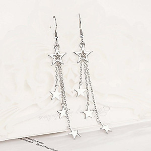 Temperament Long Star Tassel Drop Dangle Earrings for Women Five-Pointed Star Stud Earrings Shiny Starlight Hollow Star Earrings (Silver)