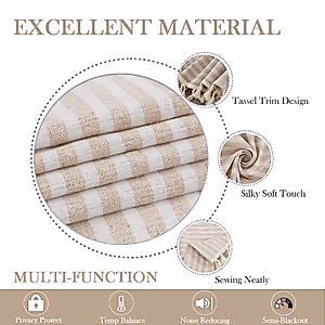 ColorBird Striped Semi-Blackout Window Curtains 2 Panels Farmhouse Style Cotton Linen Darkening Curtains with Tassel Rod Pocket Window Drapes for Dining Living Bedroom (52" W x 84" L, 1 Pair, Beige)