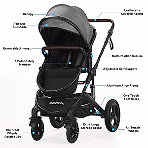 Newborn Infant Toddler Baby Stroller - Strollers with Backrest Adjustable Reversible, 2 in 1 High Landscape Convertible Bassinet Foldable Aluminum Alloy 3D Shock Absorption All Terrain Pram Dark Gray