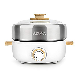 Aroma Housewares AMC-130 Whatever Pot, Indoor Grill, Cooking, Hot Pot with Glass Lid, Bamboo Handles, 2.5L, Stainless Steel/White