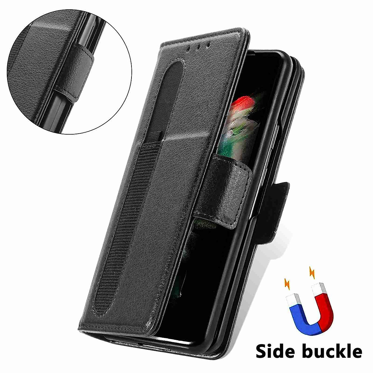 Knoowcase for Samsung Galaxy Z Fold 5 Case Shockproof PU Leather Wallet Card Holder Kickstand Bumper Case with Pen Holder for Samsung Z Fold 5 Phone Case, Black