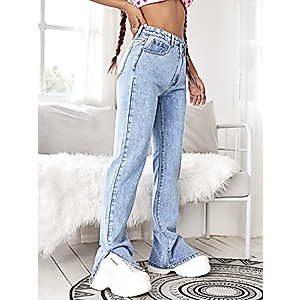 WDIRARA Women's Asymmetrical High Waist Split Side Jeans Long Denim Pants Light Wash M