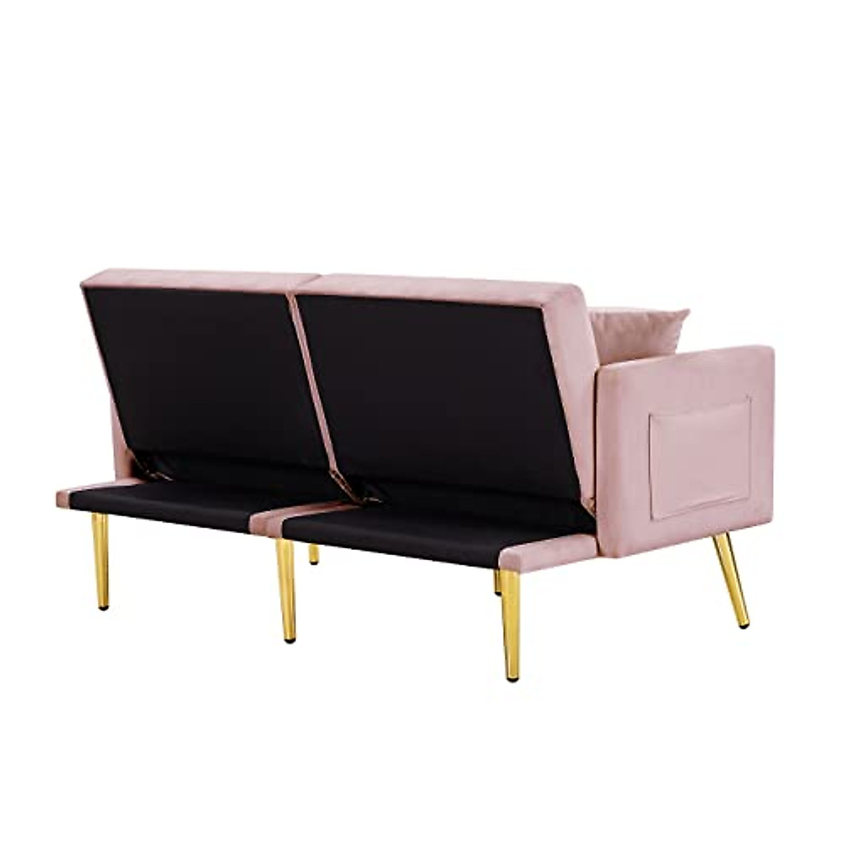 Antetek Convertible Futon Sofa Bed, 59-inch Modern Velvet Sleeper Sofa Small Loveseat with Two Pillows, 3 Adjustable Positions and 6 Golden Metal Legs Furniture for Living Room and Bedroom, Pink