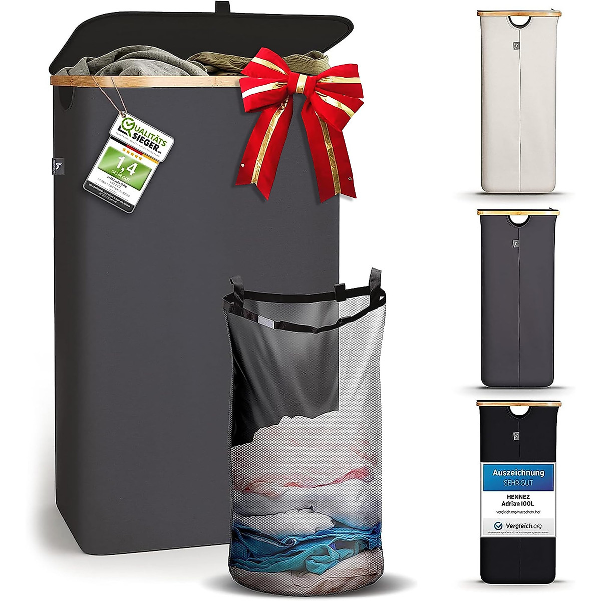 HENNEZ Laundry Hamper With Lid - 100L - Thick Fabric 220gsm - Dirty Clothes Hamper with Lid and Removable Bags - Tall Laundry Basket With Lid - Large Laundry Hamper for Laundry with Lid - Laundry Bin