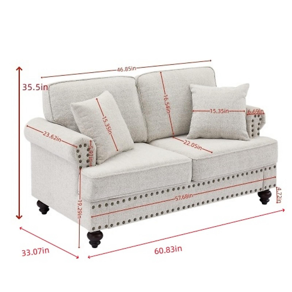 YSJZYBF 61" Chenille Modern Upholstered Sofas Love Seater with Nails and Armrests Mid Century Loveseat Sofas Modern Couch Couches for Living Room Apartment Office Bedroom White