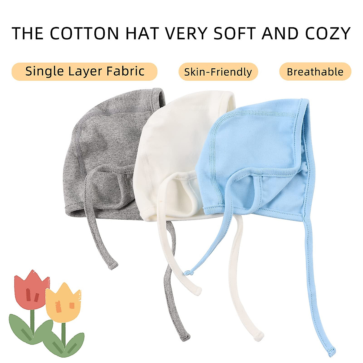 JANGANNSA Newborn Baby Hospital Hat Infant Set Head Cap Lovely Ears Belt Beanie 0-6Months (Blue+Gray+White,0-6Months)