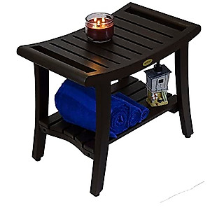 DecoTeak Harmony Shower Bench 24" Solid Teak Wood Shower Bench with Shelf and LiftAide Arms 300 Pound Weight Capacity Shower Stool in Woodland Brown Finish