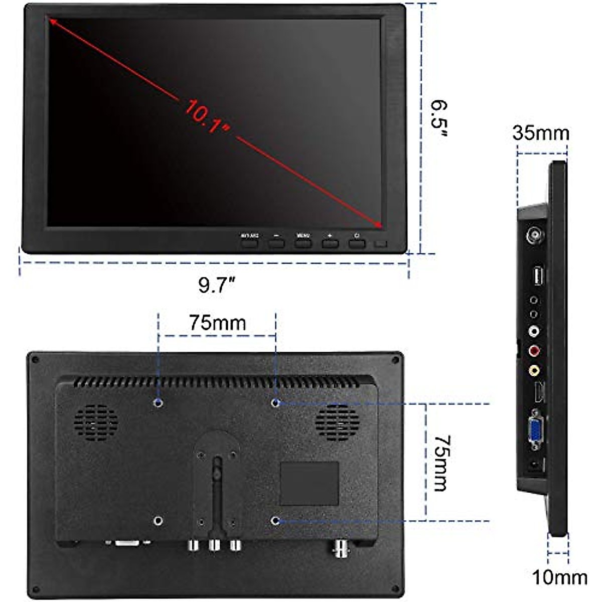 Security Monitors 10" LED Monitors HDMI/BNC/AV/VGA/USB Input 1920x1200 IPS Resolution Touch Buttons Video and Audio Displays CCTV Screen