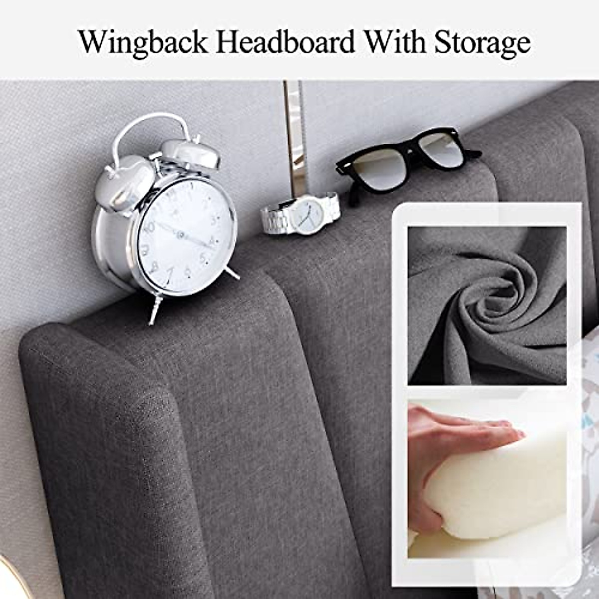 Benevika King Size Platform Bed Frame with Geometric Wingback Headboard, Wooden Slats Support, No Box Spring Needed, Easy Assembly, Gray