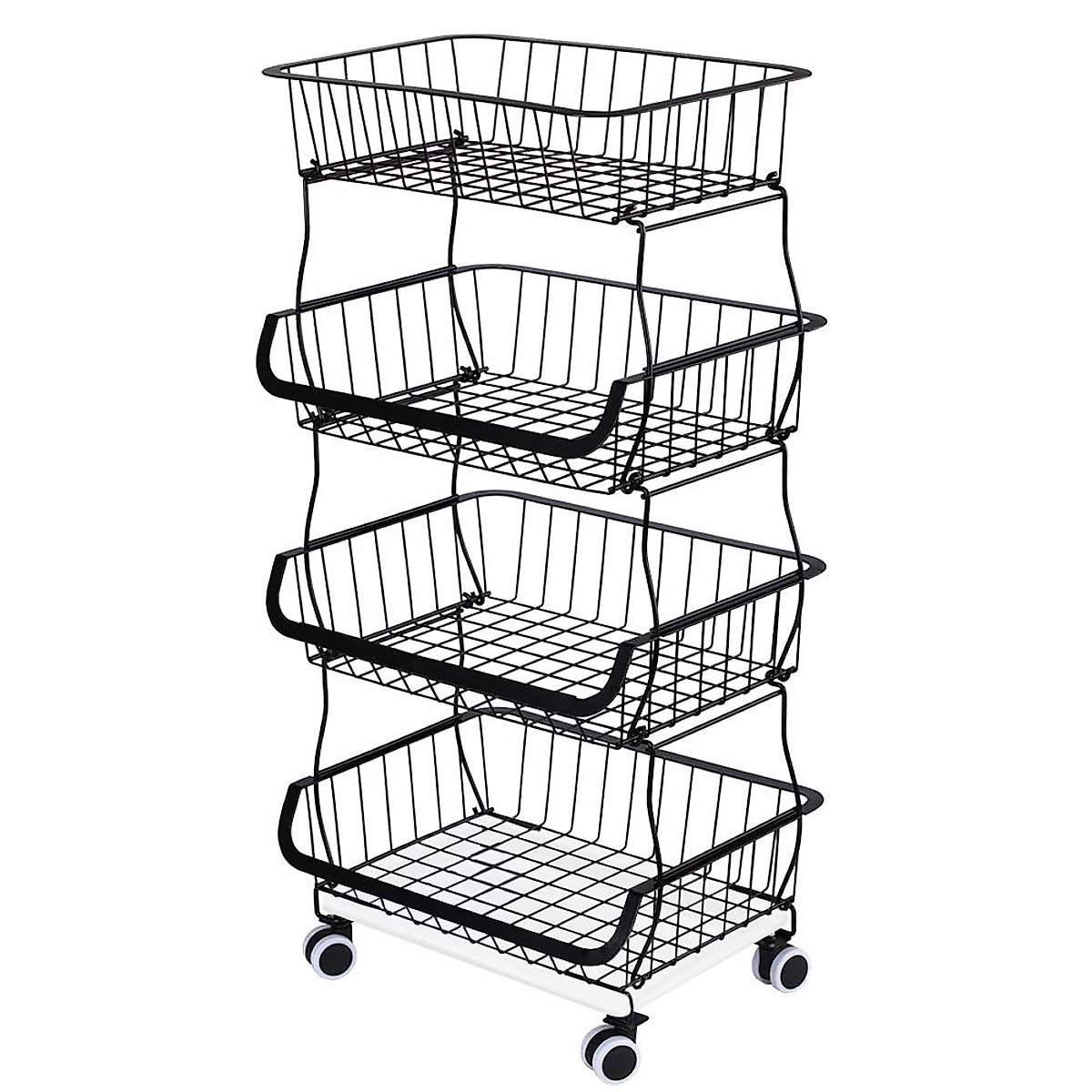 Buruis 4 Tier Stackable Storage Baskets, Metal Wire Fruit Vegetable Basket Organizer Bins with Casters, Adjustable Anti-Skid Feet, Plastic Tray, Utility Rack for Kitchen, Pantry, Bathroom (Black)