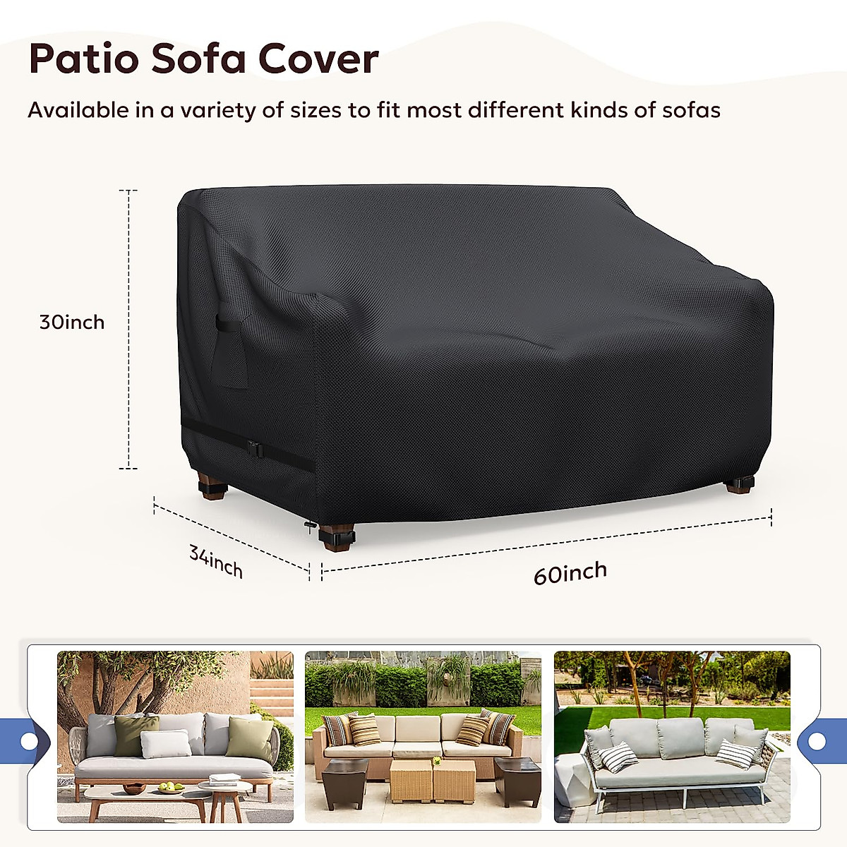 Outdoor Furniture Covers Waterproof, Gorpche 3-seater Outdoor Sofa Cover, Heavy Duty Lawn Patio Furniture Covers with Upgrade Fastener Windproof Buckle Straps, Outdoor Couch Cover - 60"W x 34"D x 30"H