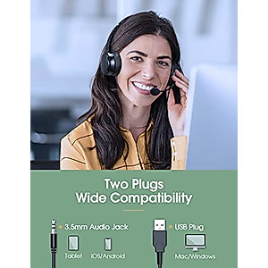USB Headset with Microphone for PC, Adjustable Boom Mic, Inline Volume Control & Mute, Wired Cell Phone Headphones for Kids, 3.5mm Stereo Computer Headset for Home Office, Call Center, School