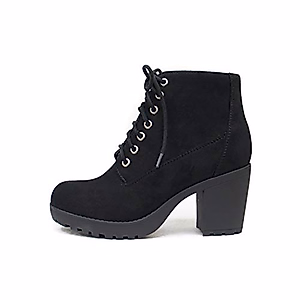 Soda Second Lug Sole Chunky Heel Combat Ankle Boot Lace up w/Side Zipper (7.5, Black Imitation Suede)