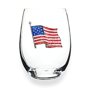 THE QUEENS' JEWELS American Flag Jeweled Stemless Wine Glass, 21 oz. - Unique Gift for Women, Cute, Fun, Fourth of July, Not Painted, Decorated, Bling, Bedazzled, Rhinestone