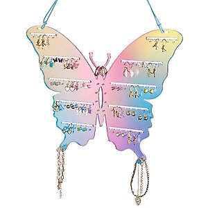 NiHome Iridescent Acrylic Butterfly Wall Mount Jewelry Organizer, Aesthetic Earring and Necklace Holder for Home and Store Use, Easy No-Tool Installation & Elegant Design for Enhanced Jewelry Display