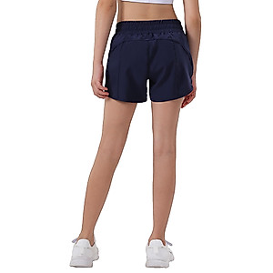 Aurefin Girls Athletic Shorts, Quick Dry Running Shorts for Kids Teen Girls Active Sports Track Shorts with Zip Pocket Liner Navy Blue/XS