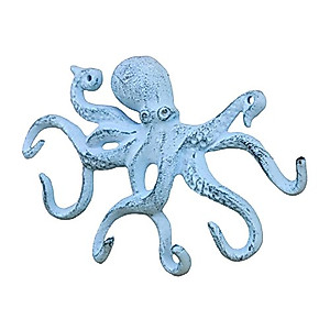 Rustic Dark Blue Whitewashed Cast Iron Octopus Hook 11 Inch - Decorative Hook - Sealife Metal Wall Hook