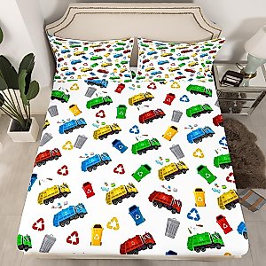 Garbage Truck Kids Fitted Sheet Twin Size,Cartoon Trash Truck Transport Vehicles Bedding Set,Boys Girls Adults Room Decor,Trash Can Chic Bed Cover,Colorful Bright Bed Sheet,1 Pillowcase