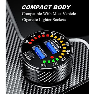 Car Charger, BRCOVAN Dual QC3.0 Port USB Car Charger Adapter, 36W 3A Fast Charge Car Phone Charger with Colorful Voltmeter & ON/Off Switch