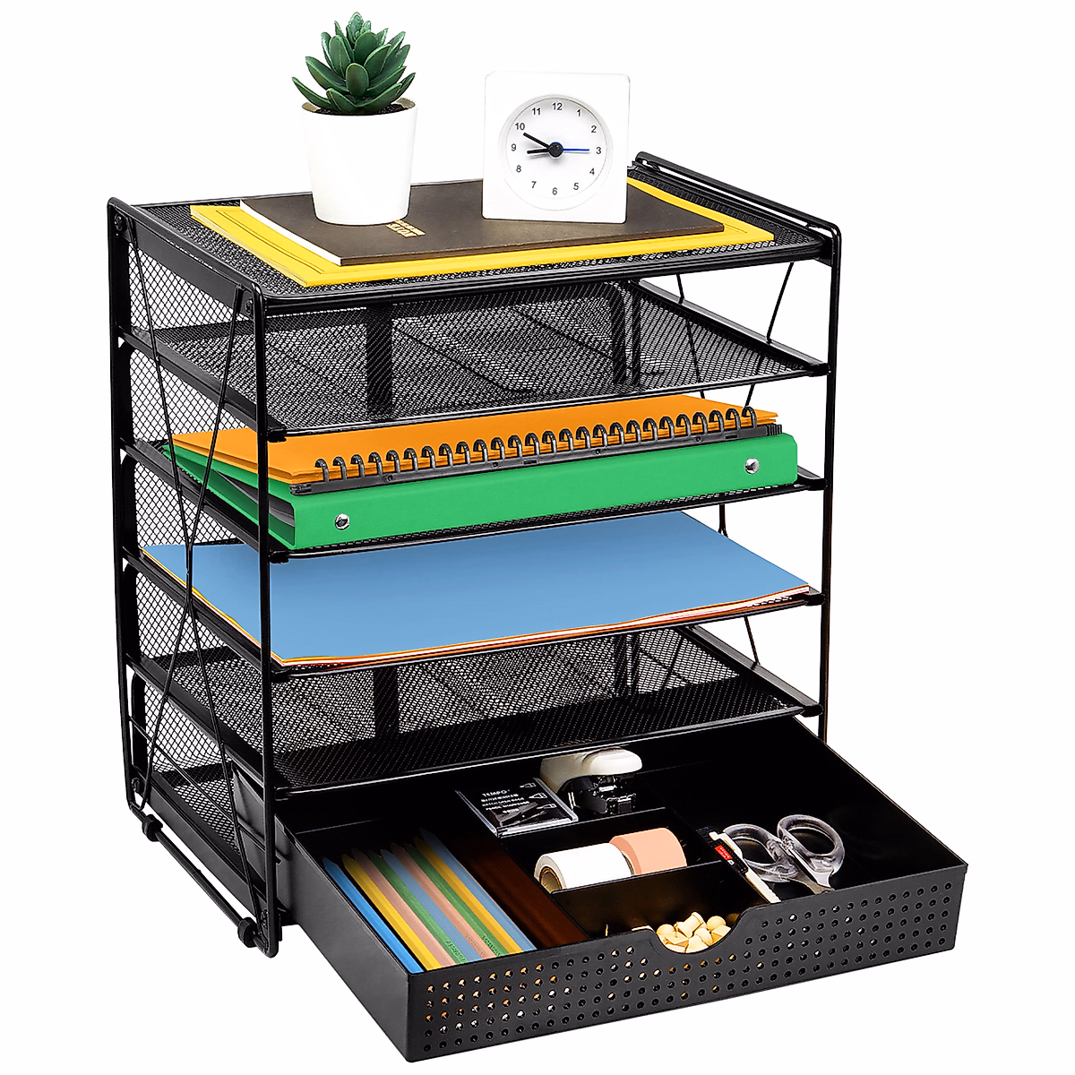 CAXXA 5 Tier Mesh Letter Tray, Desk File Organizer, Desktop Paper Tray Holder with Drawer, Black