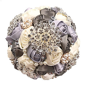 Abbie Home Advanced Customization Romantic Bride Wedding Holding Toss Bouquet Rose with Pearls and Rhinestone Decorative brooches Accessories- (Grey + Creamy White)