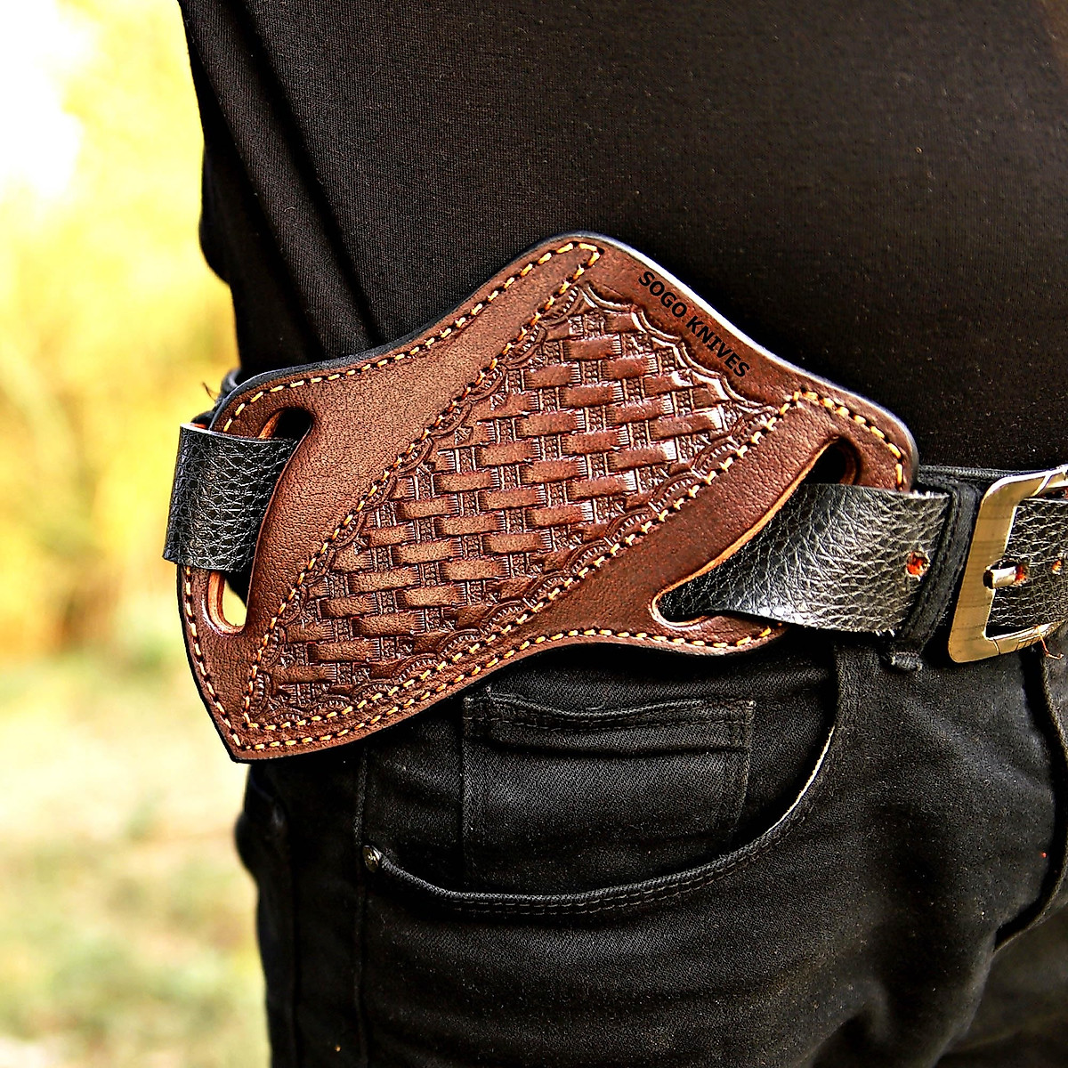 SOGO KNIVES Leather Knife Sheath for Belt, Slanted Pancake Sheath, Tooled Leather Sheath, Beautiful Cow Boy 3 to 5 inches Skinner Knife Leather Cover 100% Real Leather (Brown)