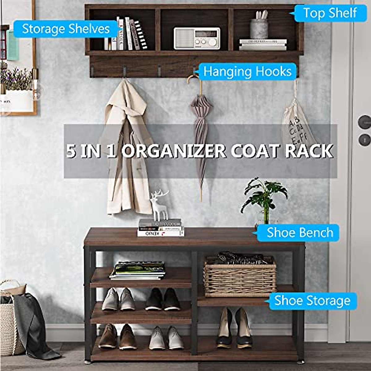 Tribesigns Industrial [Shoe] [Rack] [Bench] with Coat [Rack] Set With Hall Tree, 3 Storage Cubbies, 7 Hooks for Entryway, Hallway, 5-in-1Design, Rustic Brown