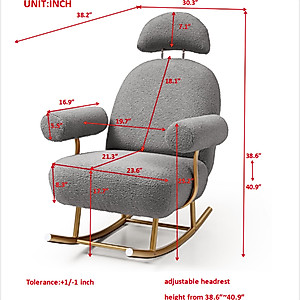 Tmosi Nursery Rocking Chair Sherpa Upholstered Glider Rocker, with Adjustable Headrest and Round Armrests, Leisure Glider Chair for Living Room, Bedroom (Grey)