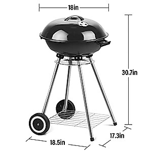 Sunoutife Charcoal Grills, 18.5” Portable BBQ Kettle Grill with Wheels for Outdoor Cooking Barbecue Camping