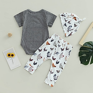 Kayotuas Newborn Baby Boy Girl Clothes Cow Print Romper Bodysuit and Pants with Hat/Headband 3Pcs Western Coming Home Outfits (Little Nugget Chicken Grey, 3-6 Months)