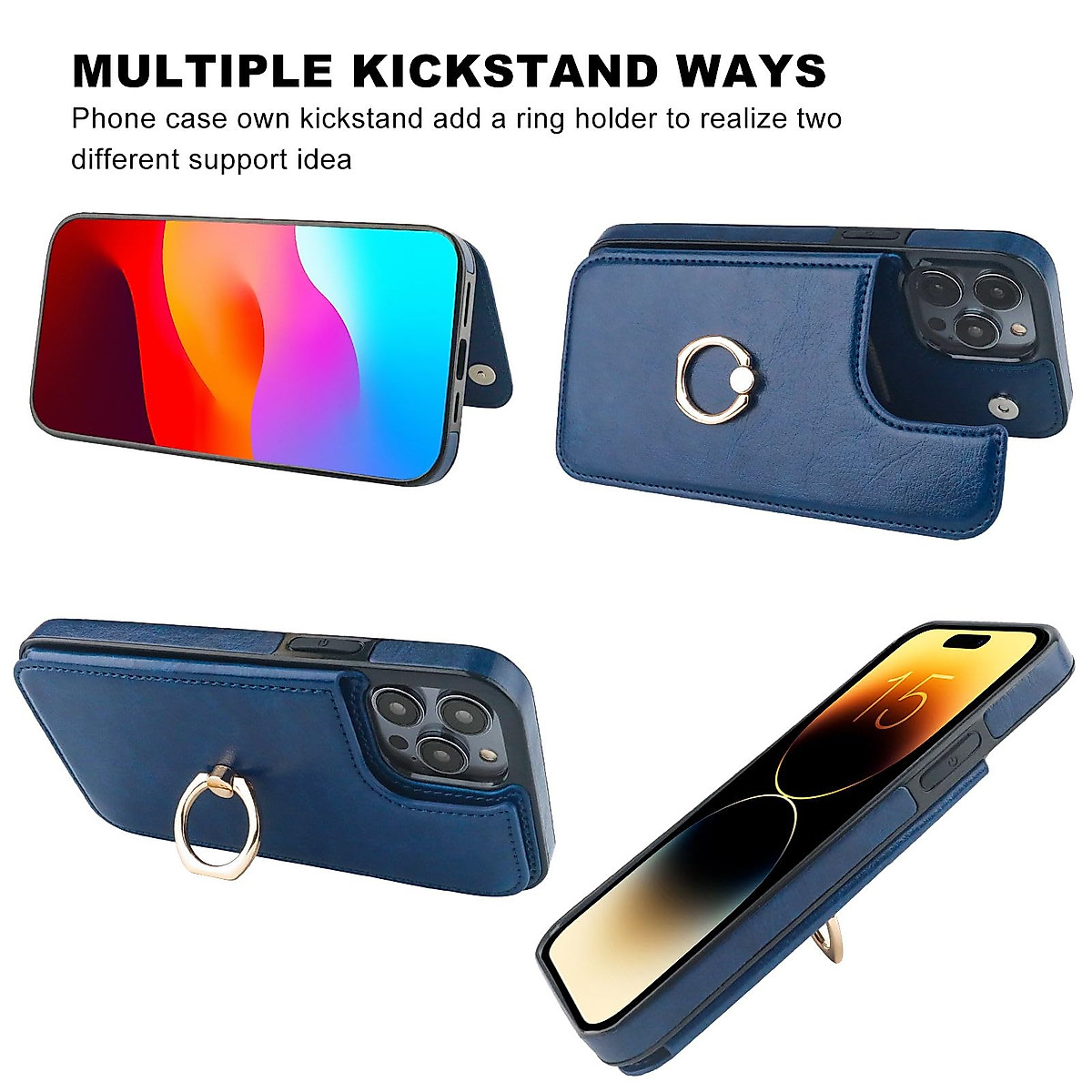 Onetop for iPhone 15 Pro Wallet Case with Card Holder, 360° Rotation Ring Kickstand RFID Blocking PU Leather Double Magnetic Clasp Shockproof Cover for Women and Girls 6.1 Inch (Blue)