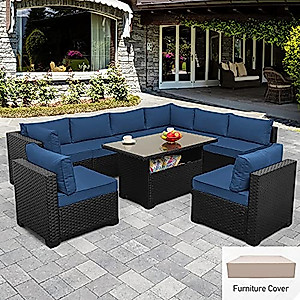 9 Pieces Patio Furniture Sectional Sofa Outdoor Wicker Furniture Couch Set with Blue Non-Slip Cushions Furniture Cover Black PE Rattan