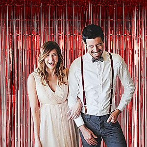 Twinkle Star Photo Booth Backdrop Foil Curtain Tinsel Backdrop Environmental Background for Birthday Party, Wedding, Graduation, Christmas Decorations (2 Pack, Red)