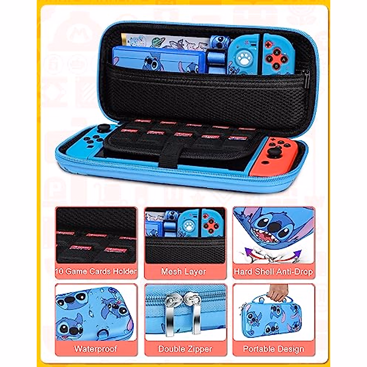 Xinocy for Nintendo Switch 9 in 1 Storage Accessories Kit with Travel Carrying Case+Switch Protective Cover+Game Case Holder+Strap+Sticker+2 Joycon Shells+2 Thumb Caps Cute for Boys Kids Girls -Stit