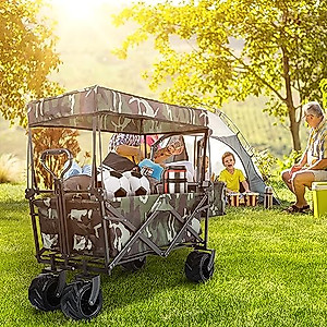 Arlopu Collapsible Garden Cart w/Removable Canopy, Extra Large Folding Utility Wagon Carts w/7" Wheels, Heavy Duty Outdoor All Terrain Beach Wagon for Camping, Shopping, Picnic, Sports (Camouflage)