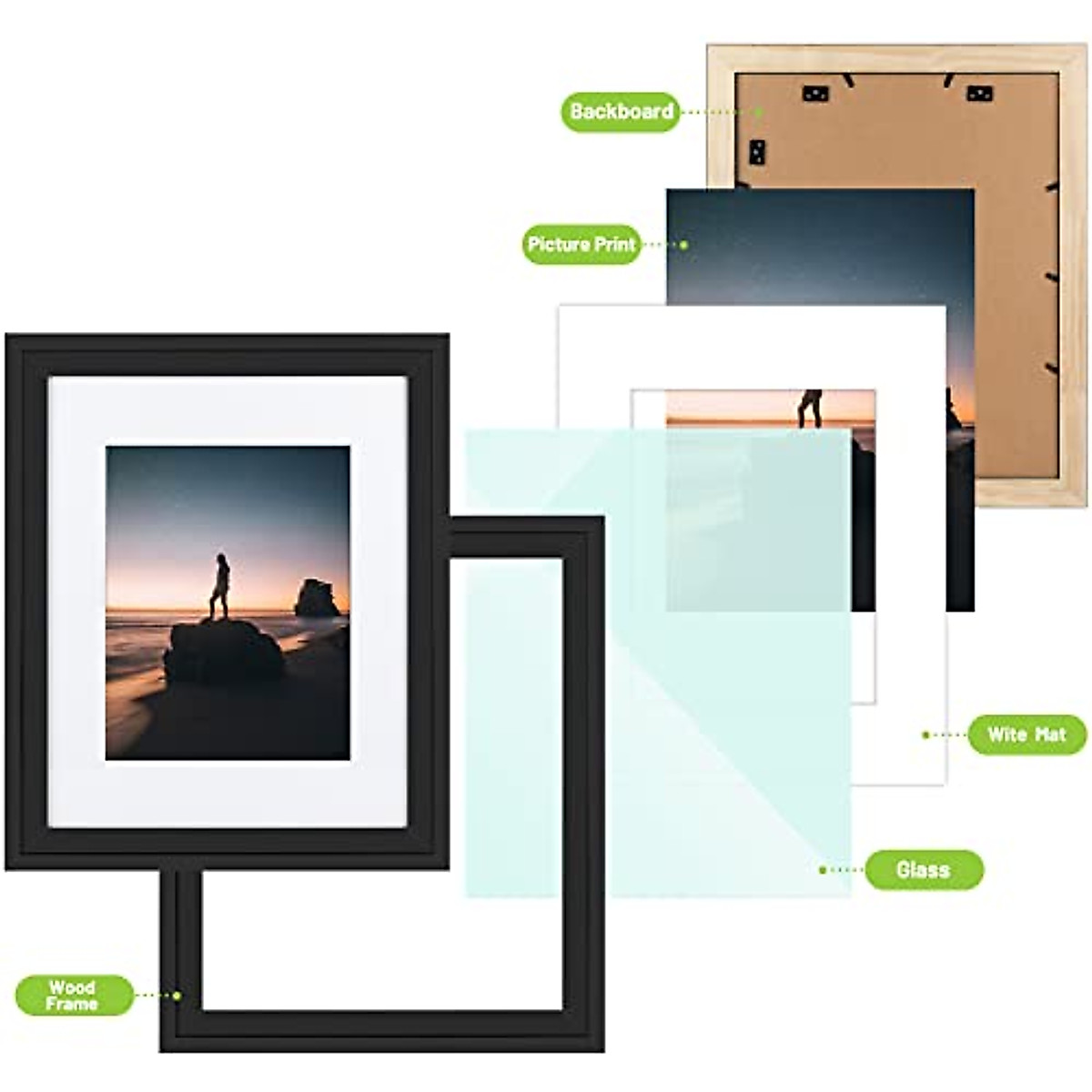 Golden State Art, 16x20 Picture Frame - Displays 11x14 Photo with Mat or 16x20 Without Mat, Wide Moulding Solid Wood Frame for Wall Display, Black