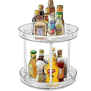 Eeci Lazy Susan Turntable 2-Tier Spice Rack Spinning Cabinet Organizer Rotating Condiment Tray Spinner for Pantry Kitchen Vanity Bathroom Jewelry Container Makeup Holder Cosmetic Storage 9Inch Clear