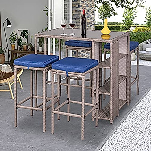 Sundale Outdoor 5 Piece Patio Bar Set, Counter Height Outside Rattan Dining Set, Garden High Top Gray Wicker Bar Height Set of 5, Galss Tabletop and Stools Furniture Set with Cushions, Steel