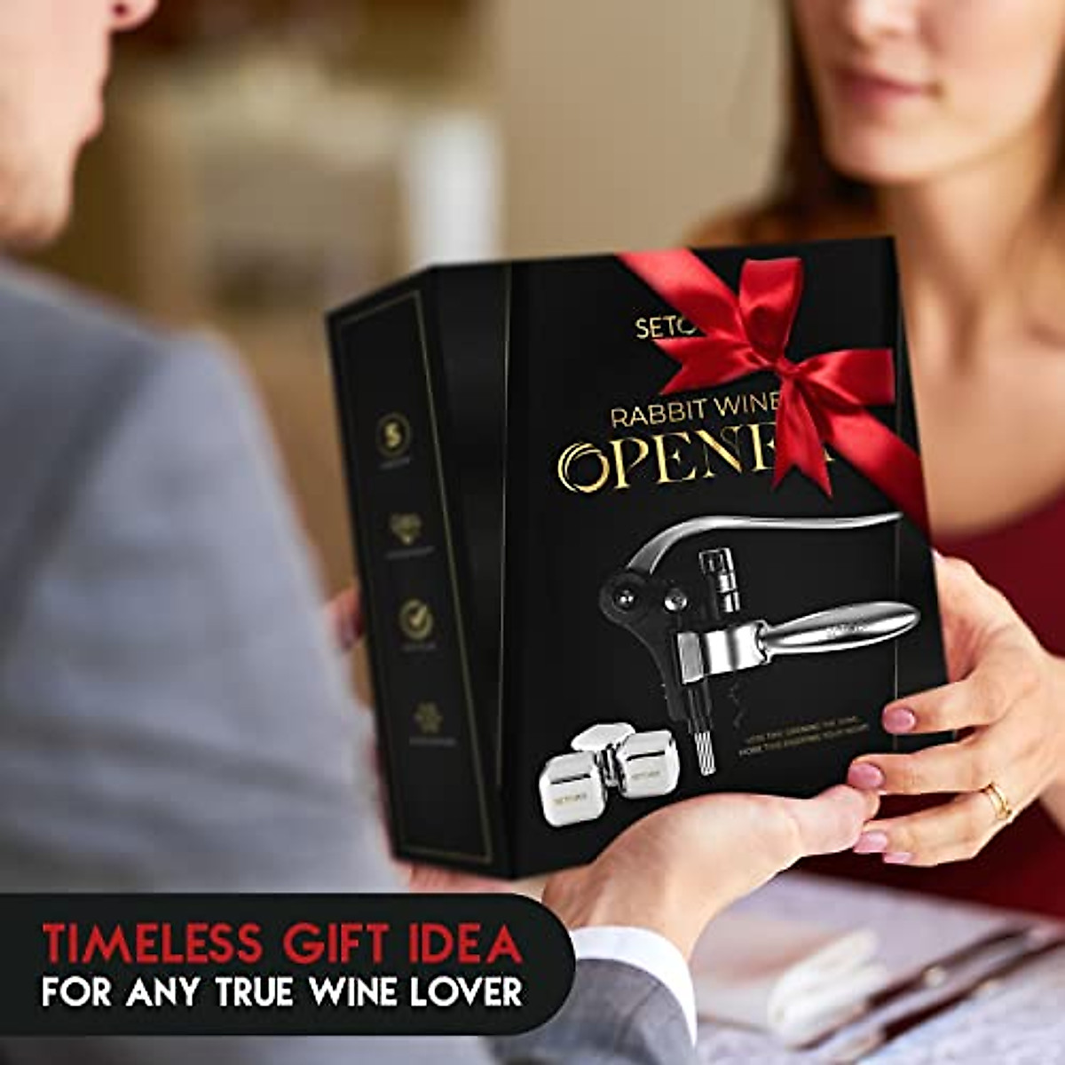 Stainless Steel Rabbit Wine Opener Set With 2 Metallic Ice Cubes, Wine Aerator Pourer, Wine Stopper & Foil Cutter By Setoris- Manual Wine Bottle Opener Corkscrew Kit- Great Wine Accessory Gift Set